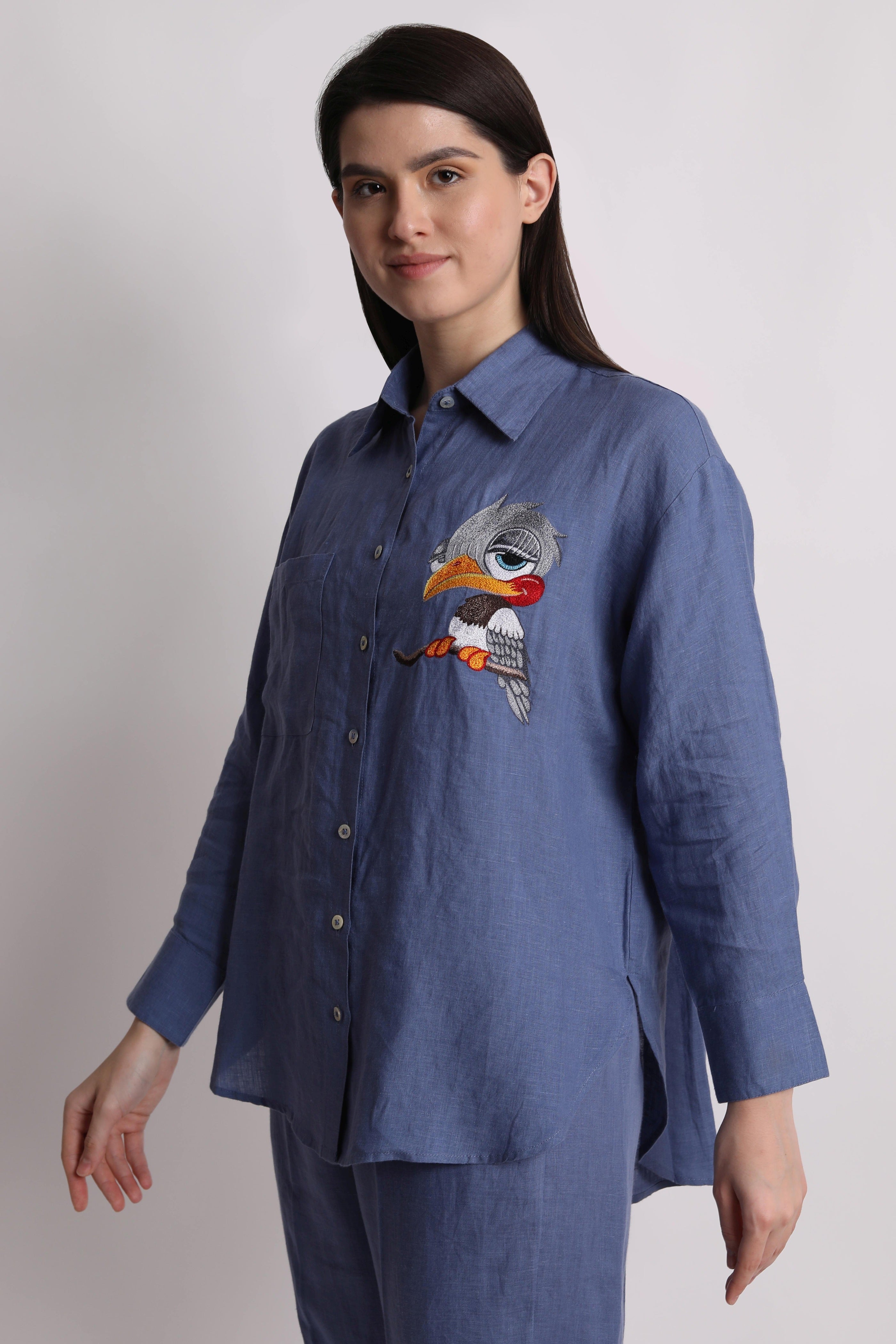 Blue Tutu Bird Embroidered Shirt – Linen Bloom store
